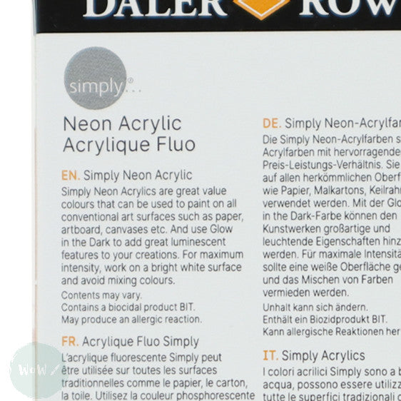 Acrylic Paint Set- Daler Rowney SIMPLY Acrylic - NEON & GLOW - 6 Assor ...