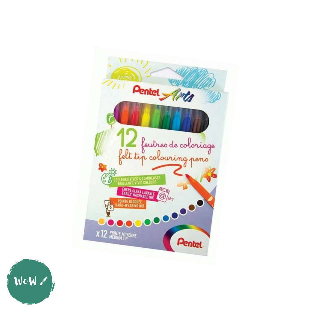 FIBRE TIP COLOURING PEN SET - Pentel Arts - 12 ASSORTED SET MEDIUM TIP ...